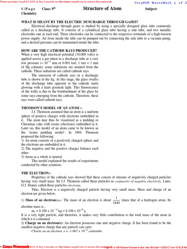 Structure of Atom Chem 9th | PDF | Atomic Nucleus | Atoms