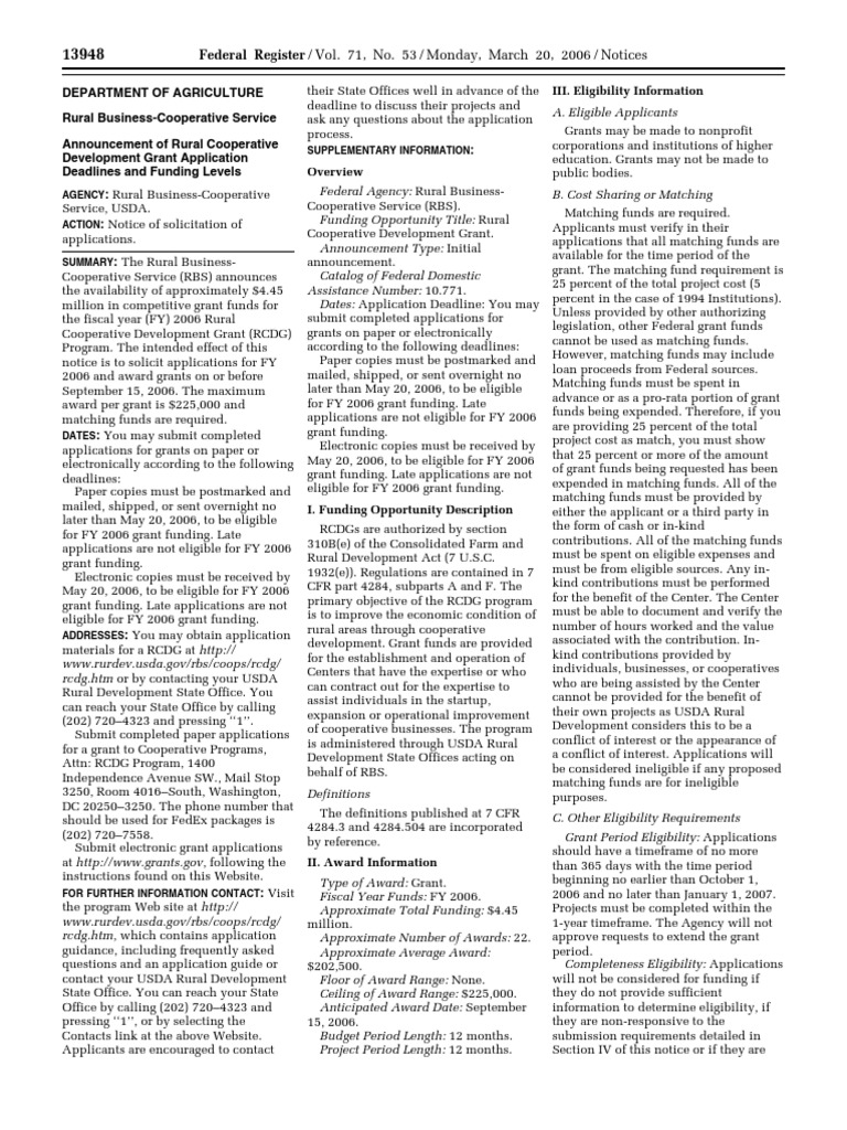 Notice: Grants and Cooperative Agreements Availability, Etc.: Rural Cooperative Development ...
