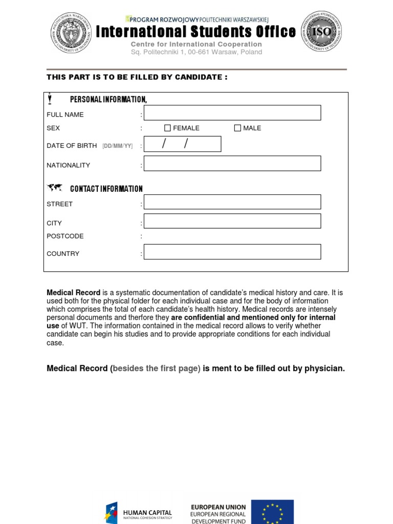 Medical Record Application Form Needed in Warsaw University of ...