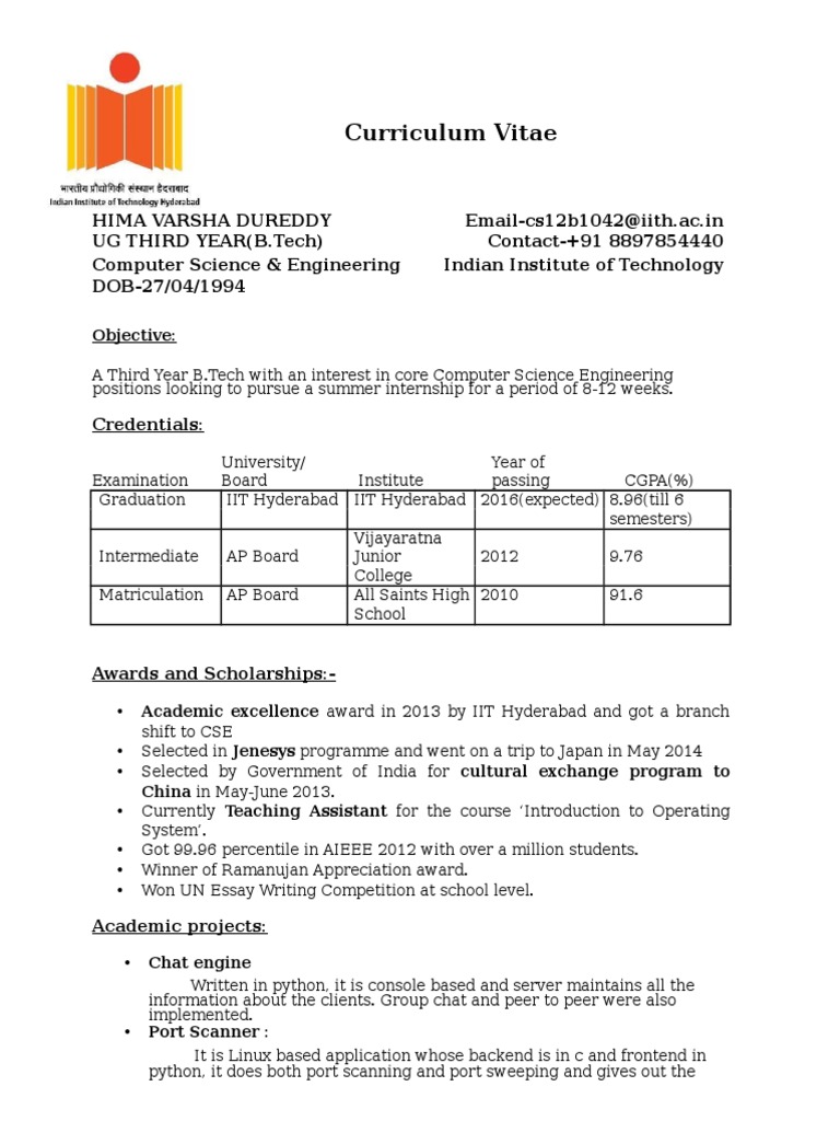 IIT Hyderabad CSE Student CV | PDF | Areas Of Computer Science | Computing