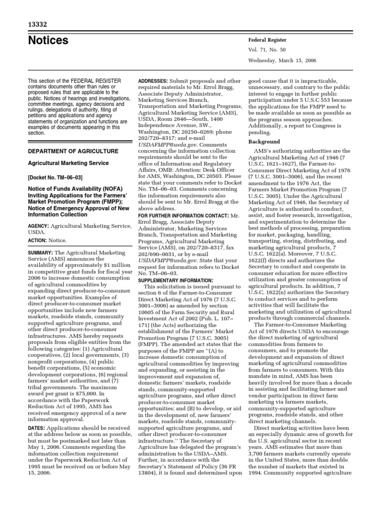 Notice: Grants and Cooperative Agreements Availability, Etc.: Farmers&rsquo Market Promotion ...