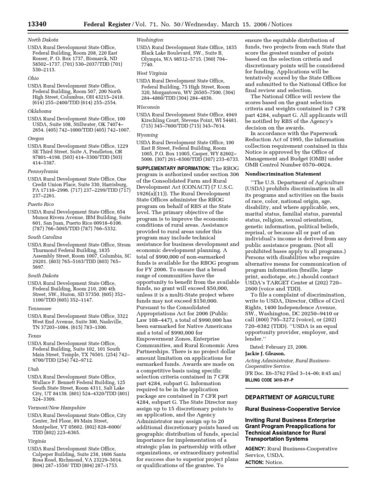 Notice: Grants and Cooperative Agreements Availability, Etc.: Rural Transportation Systems ...