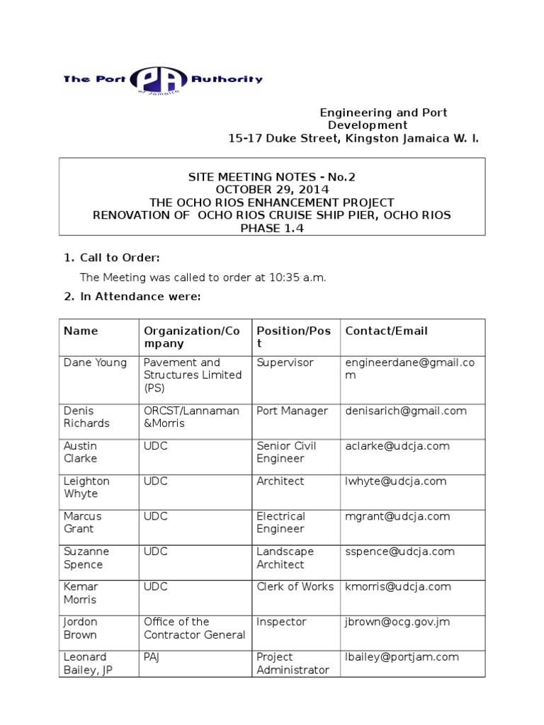 MEETING NOTES No 2 - Renovation of Ocho Rios Cruise Ship Pier | PDF ...