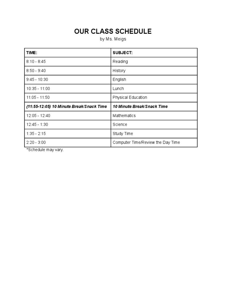 Class Schedule Overview by Ms. Meigs | PDF