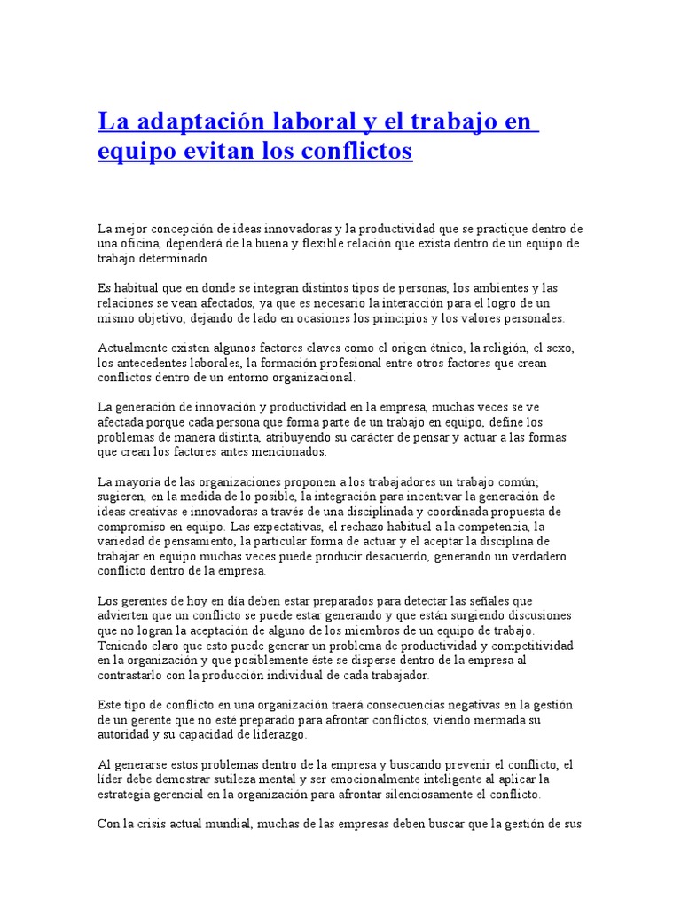 La Adaptación Laboral y El Trabajo en Equipo Evitan Los Conflictos ...