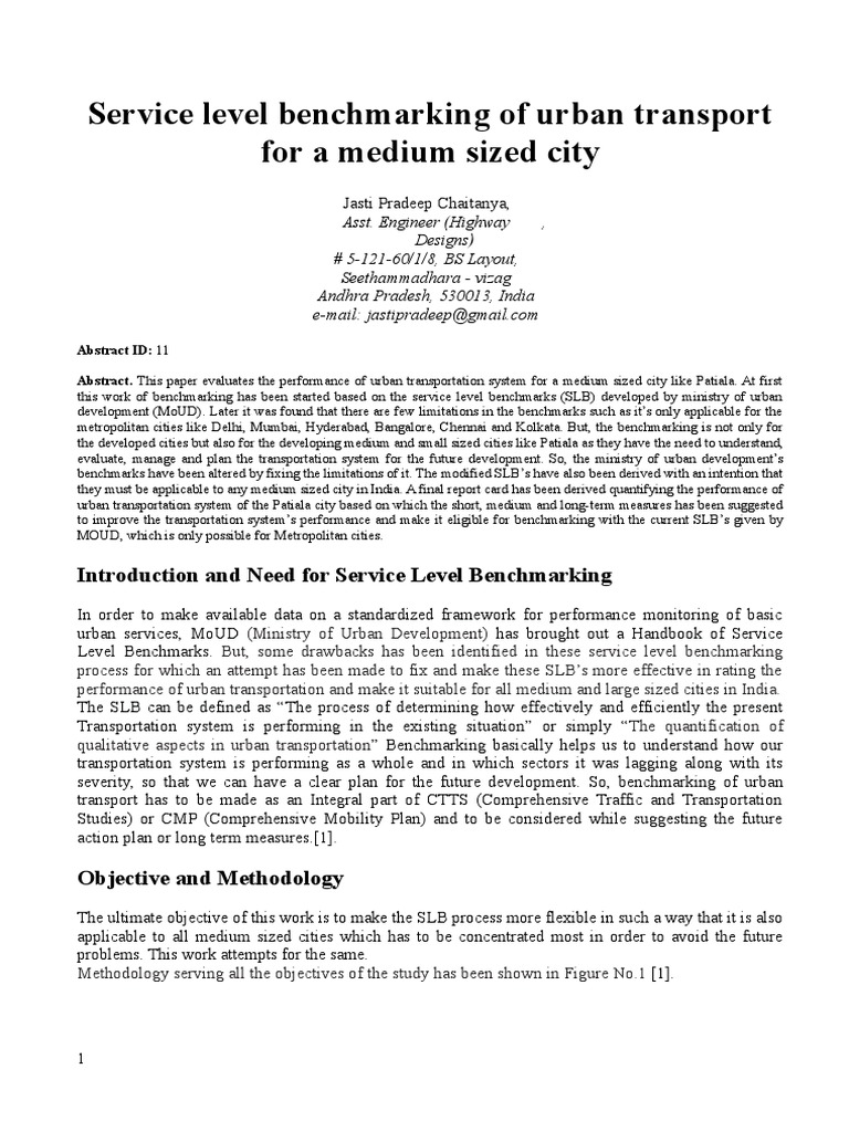 Service Level Benchmarking of Urban Transport For A Medium Sized City ...
