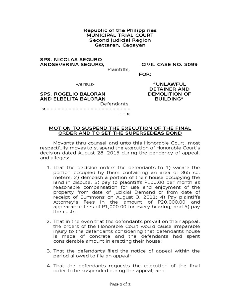 Motion To Fix Supersedeas Bond To Stay Execution-Seguro vs. Baloran ...