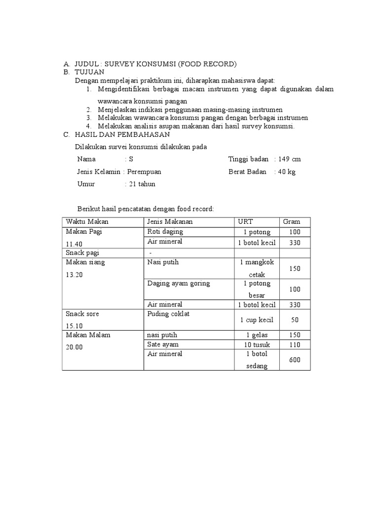Contoh Food Record | PDF
