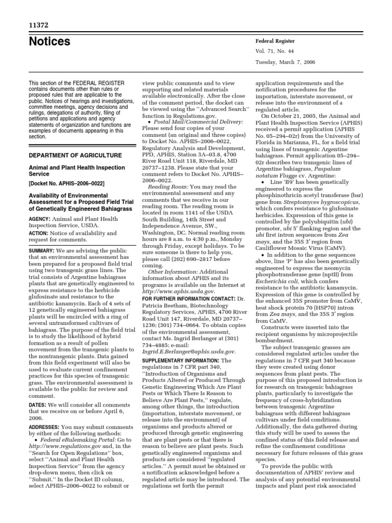 Notices: Department of Agriculture Animal and Plant Health Inspection ...
