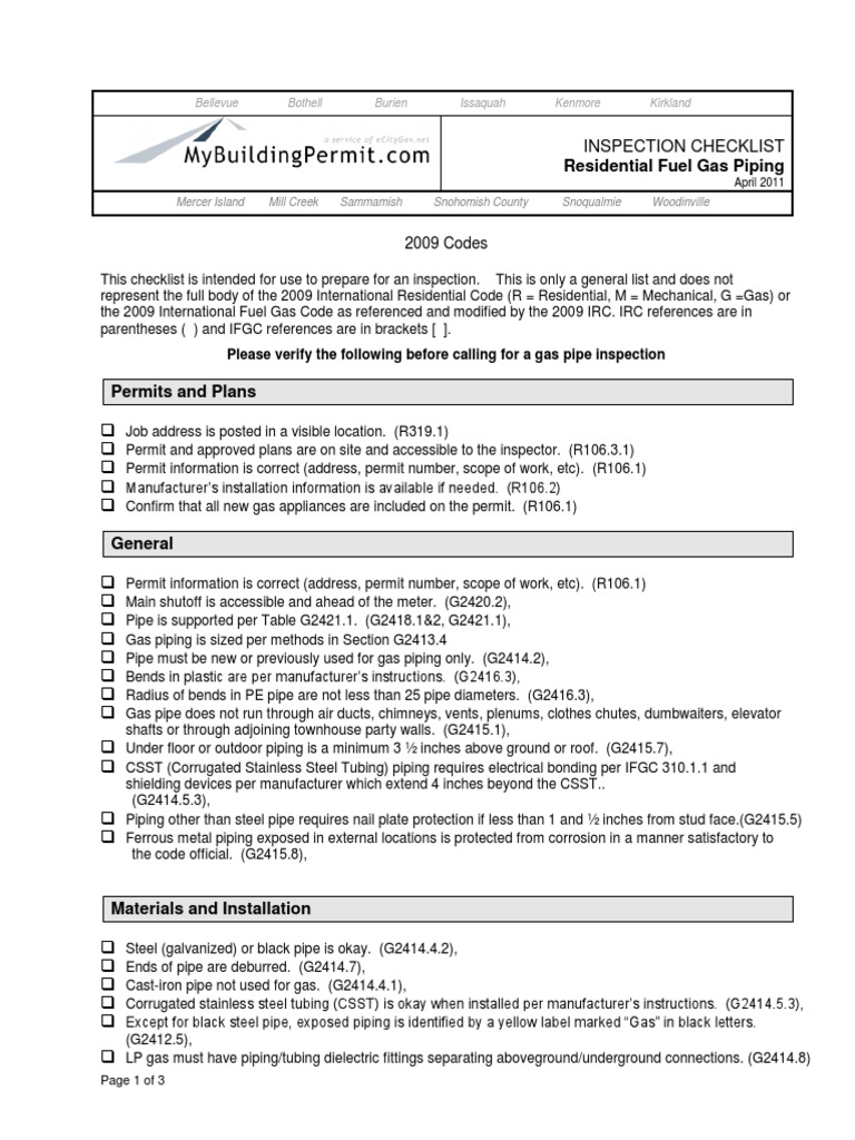 09 IRC Fuel Gas Piping Checklist | Pipe (Fluid Conveyance) | Building ...