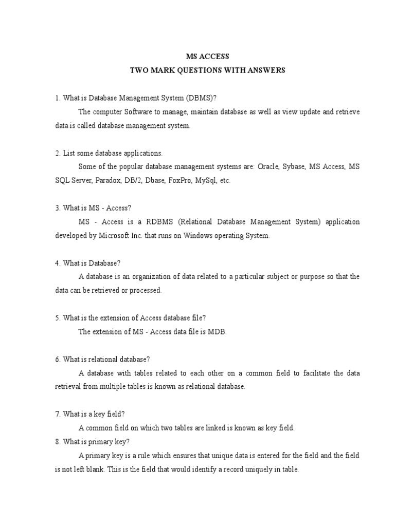 7 TWo Mark Quesions With Answers | PDF | Microsoft Access | Databases