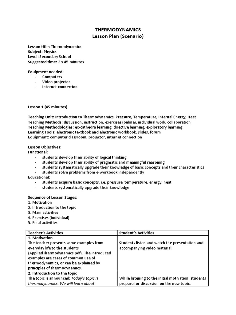 Thermodynamics Lesson Plan for Students | PDF | Teaching Method ...
