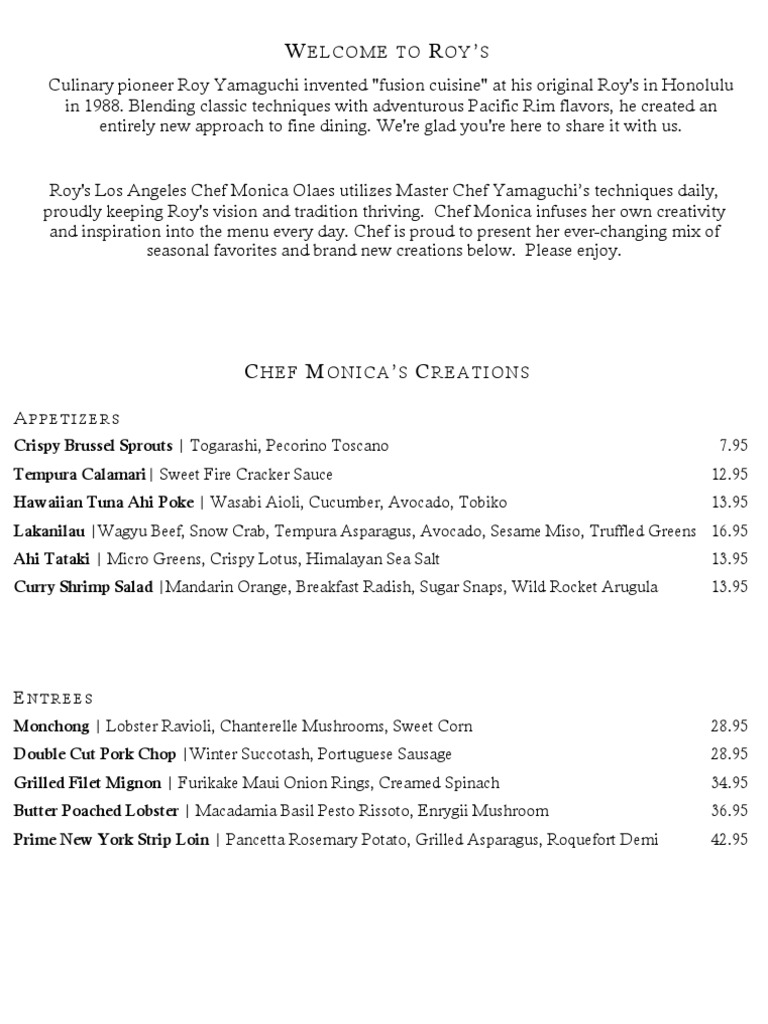 Roy's Los Angeles Dinner Menu | PDF | Thai Cuisine | Salad