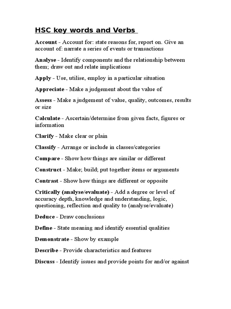 HSC Key Words and Verbs | PDF