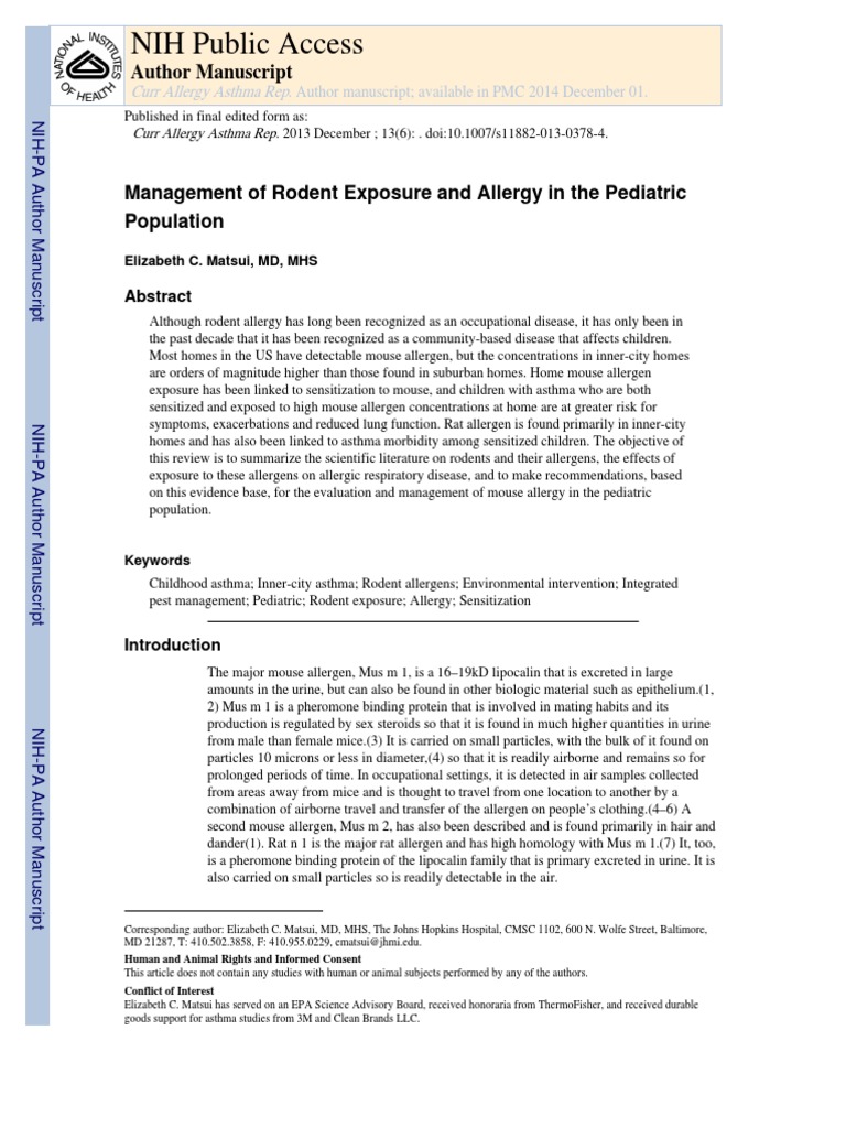NIH Public Access: Management of Rodent Exposure and Allergy in The ...