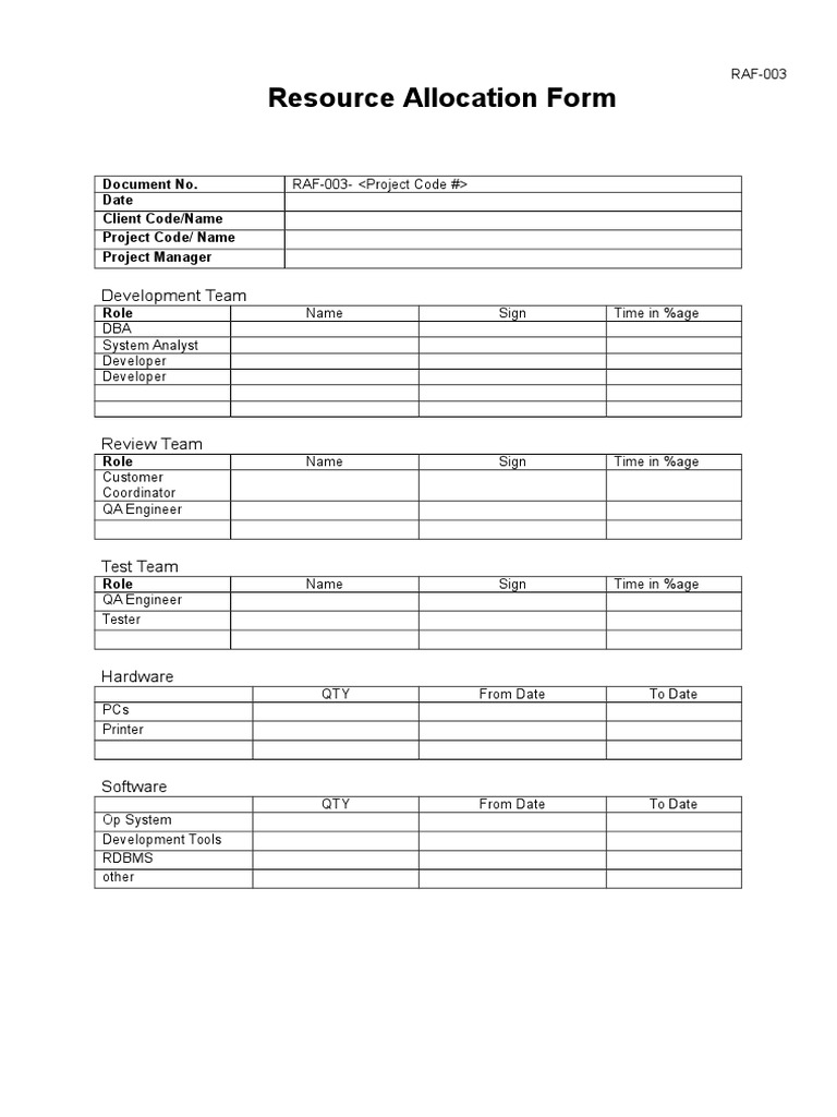 Resource Allocation Form: Development Team | PDF