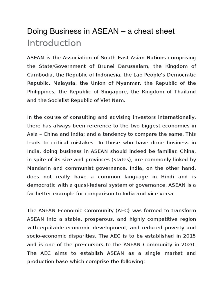 Doing Business in ASEAN | PDF | Association Of Southeast Asian Nations ...
