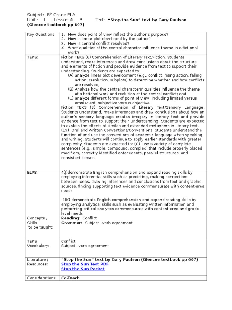 Lesson Plan: "Stop the Sun" Analysis | PDF