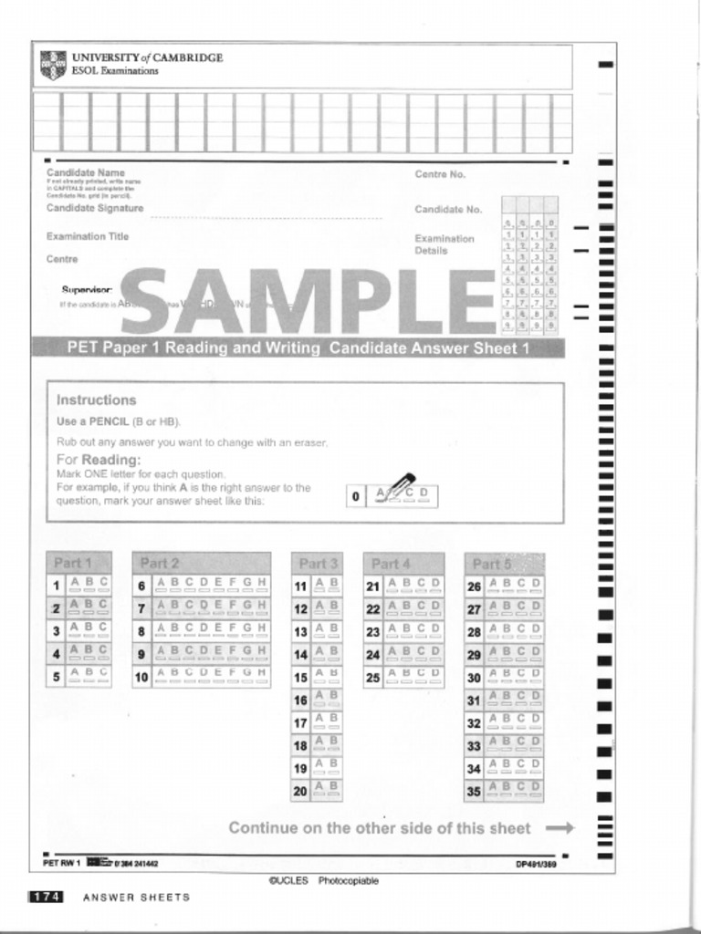 PET Answer Sheet | PDF
