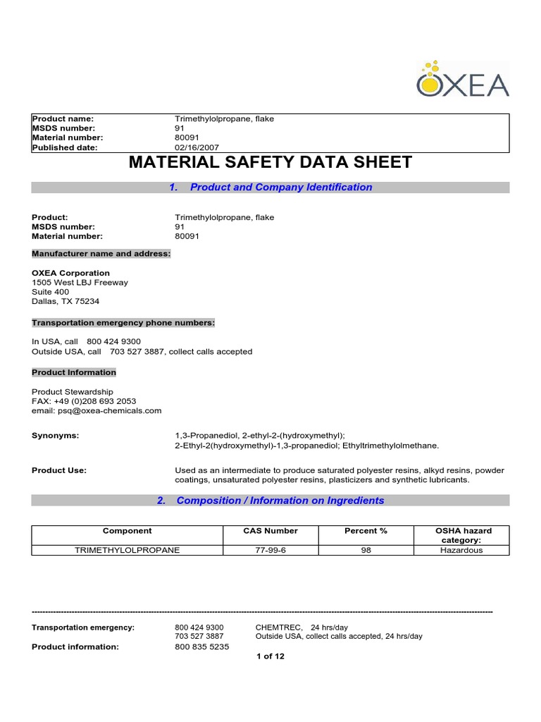 Trimethylolpropane Msds en | PDF | Flammability | Firefighting
