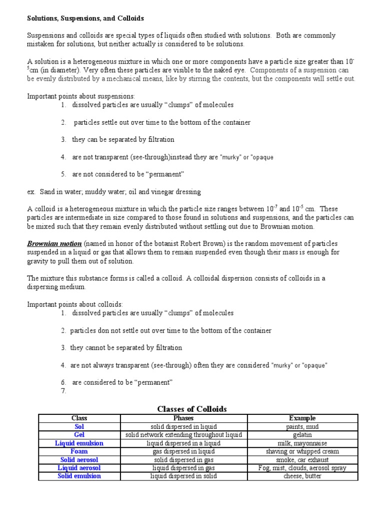Colloids, Suspensions, and Solutions Explained | PDF | Colloid ...