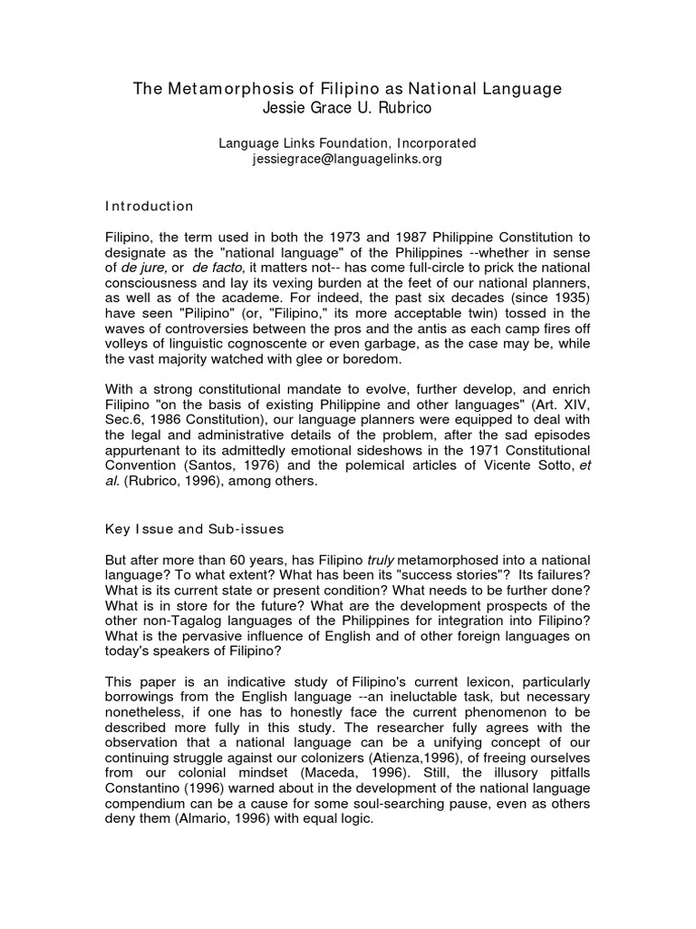 The Metamorphosis of Filipino As National Language | PDF | Tagalog ...