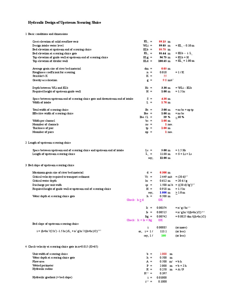 Hydraulic Design of Upstream Scouring Sluice Calculations | PDF | Fluid ...