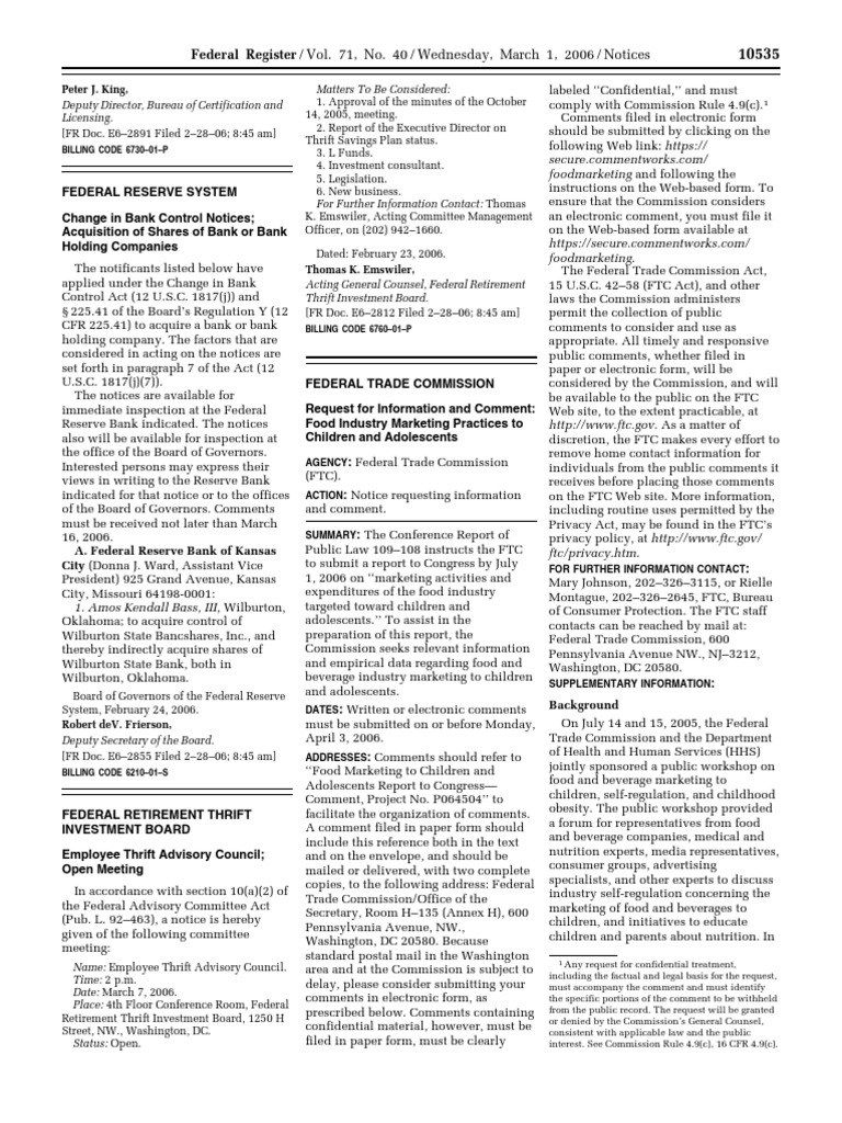 Federal Register / Vol. 71, No. 40 / Wednesday, March 1, 2006 / Notices ...