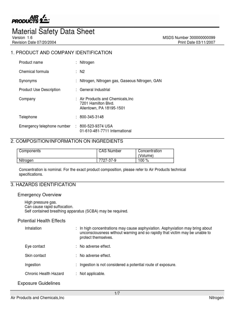 MSDS - Nitrogen | Valve | Safety