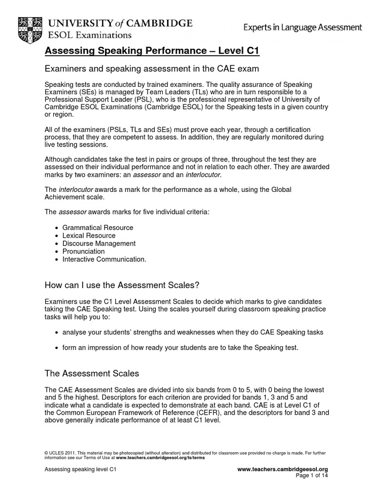 Assessing Speaking Level c1 | PDF | Educational Assessment | Test ... Assessing Speaking Level c1 | PDF | Educational Assessment | Test ...
