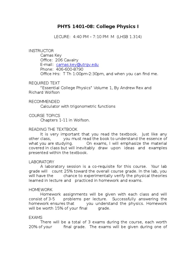PHYS 1401-08 Syllabus | PDF | Homework | Test (Assessment)