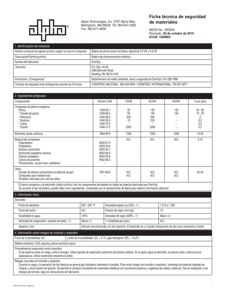 Bateria AlphaCell 3.5 HP 4.0HP Ficha Tecnica de Seguridad de Materiales ...
