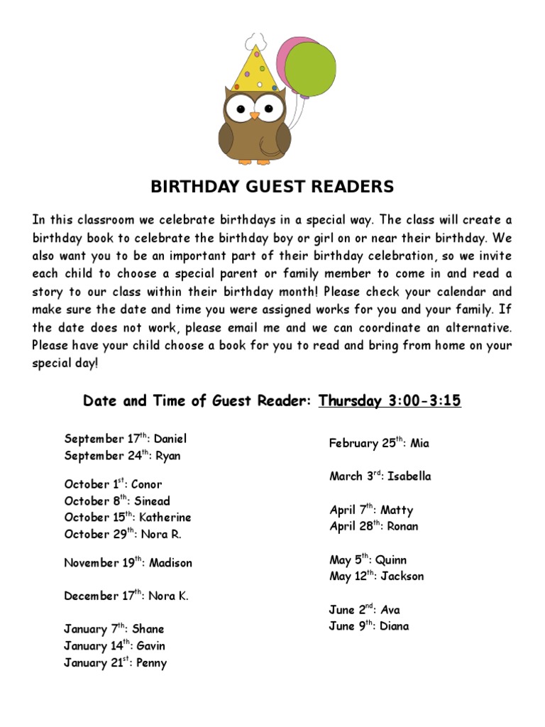 Birthday Guest Reader Schedule 2023 | PDF
