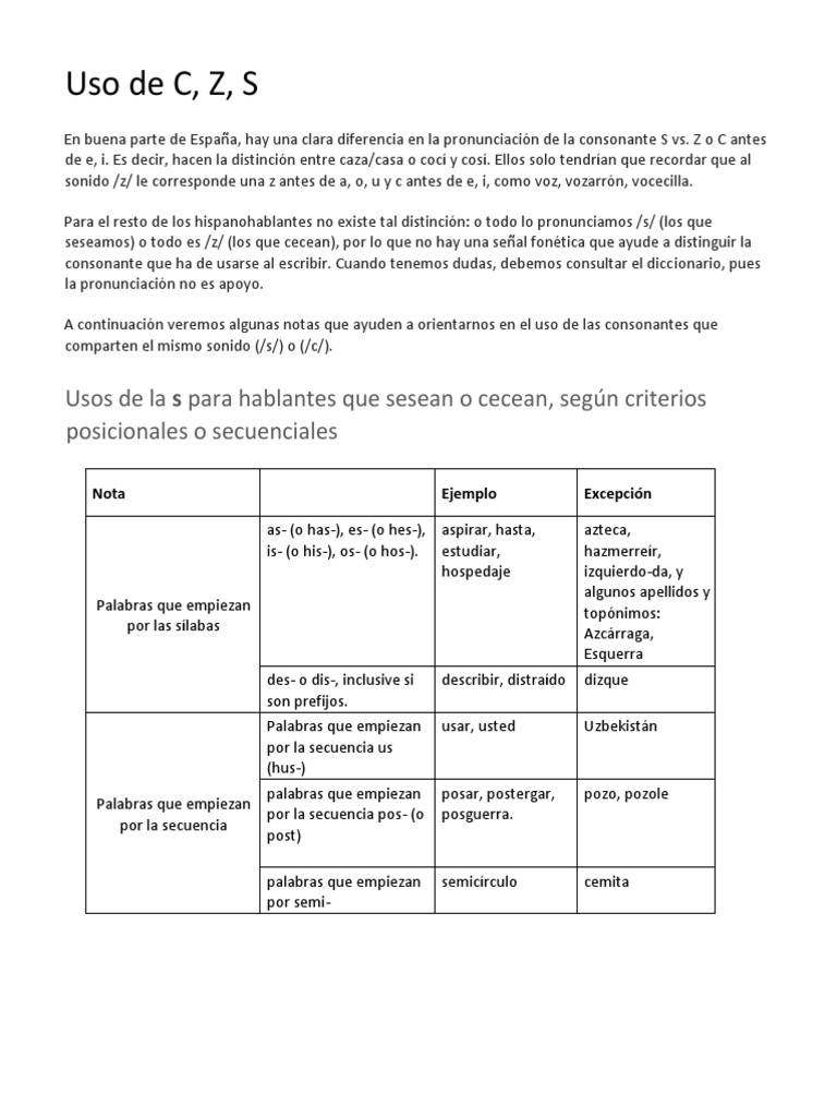 Uso de C, Z, S en el español | PDF | Vocabulario | Semántica léxica