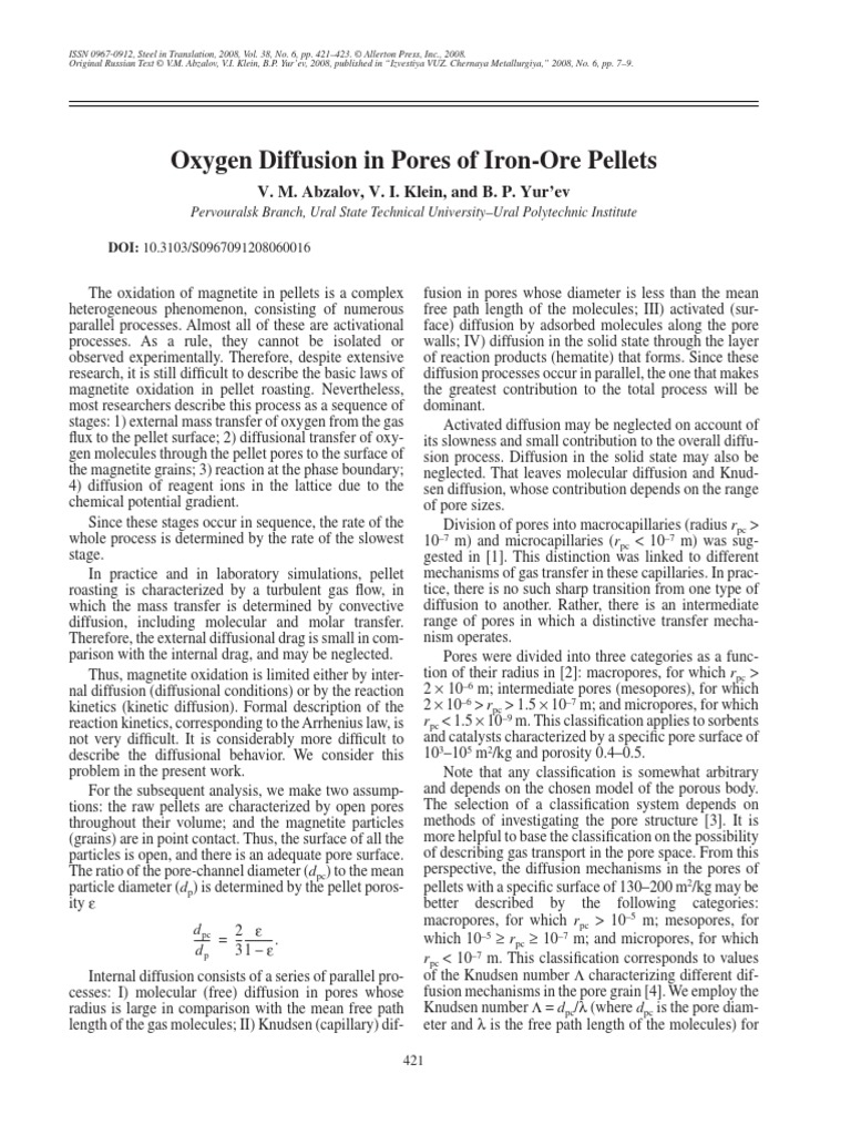 Oxygen Diffusion in Pores of Iron-Ore Pellets | PDF | Diffusion | Porosity