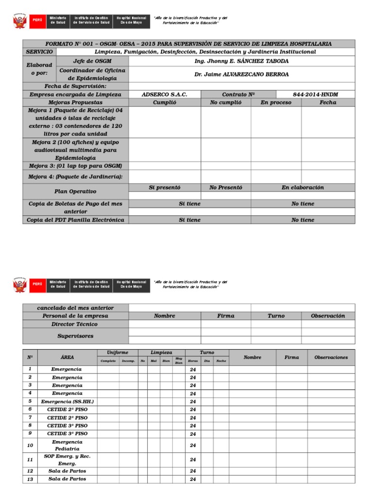 Formato Supervision Limpieza | Hospital | Perú