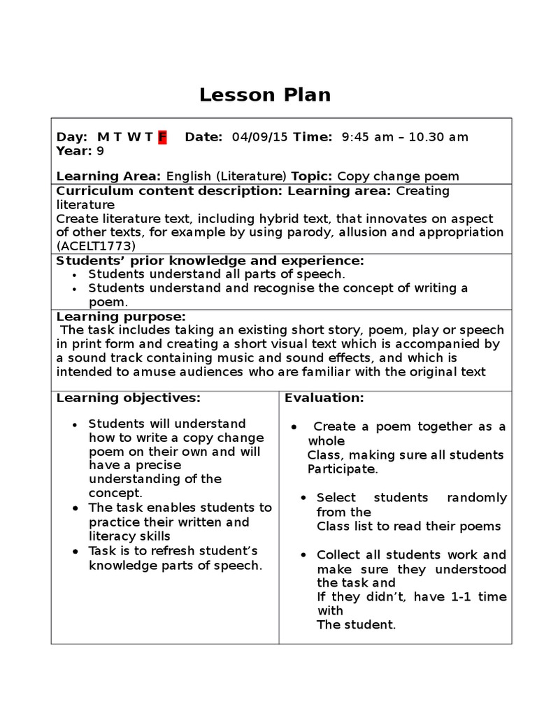 Year 9 Lesson Plan | PDF | Lesson Plan | Learning