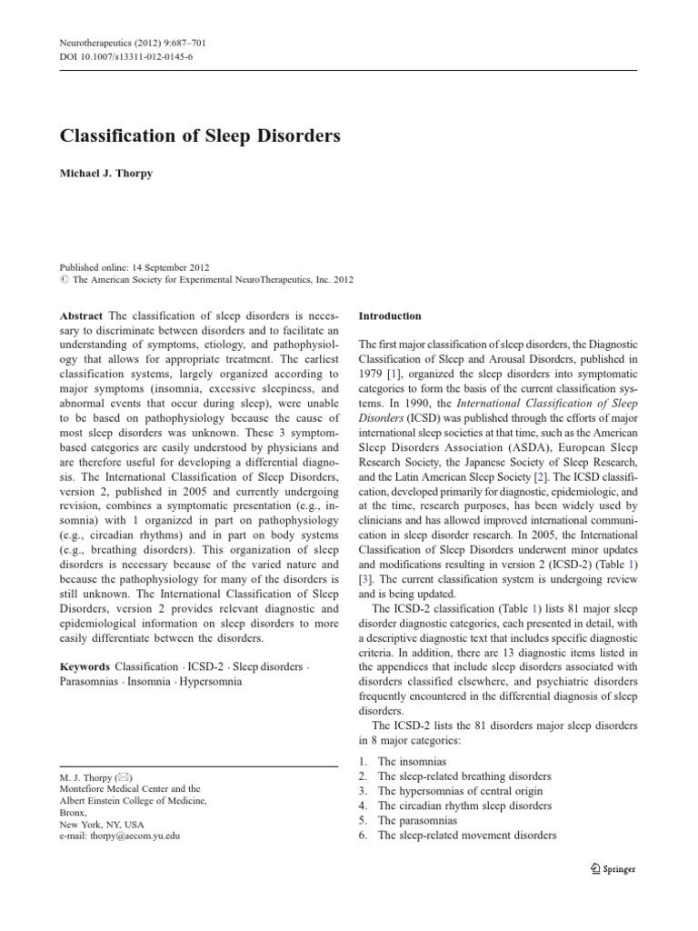 Classification of Sleep Disorders | PDF | Sleep Disorder | Insomnia