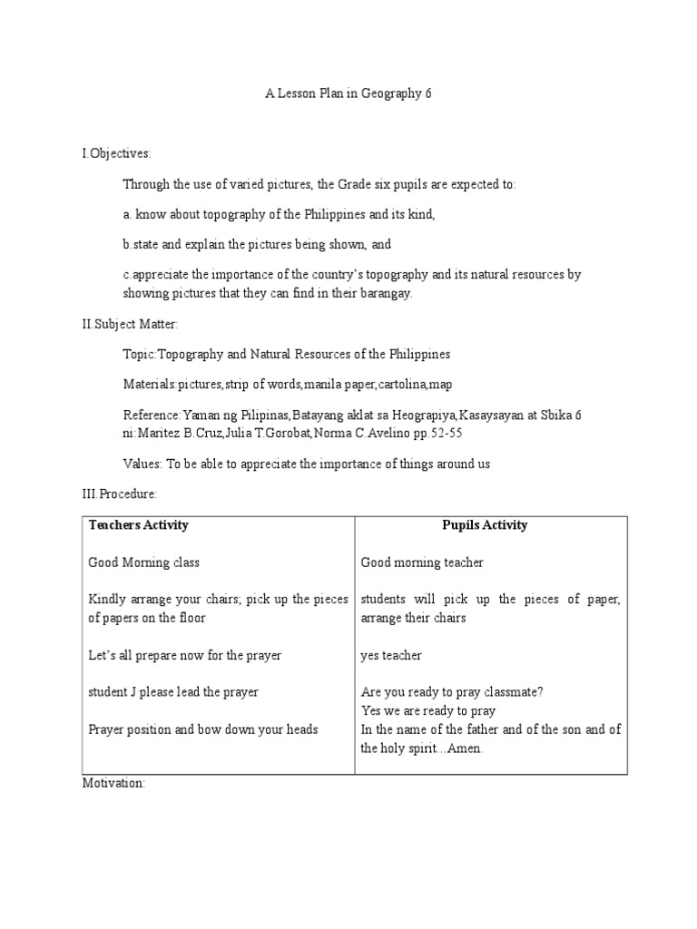 A Lesson Plan in Geography 6 | PDF | Philippines | Mountains