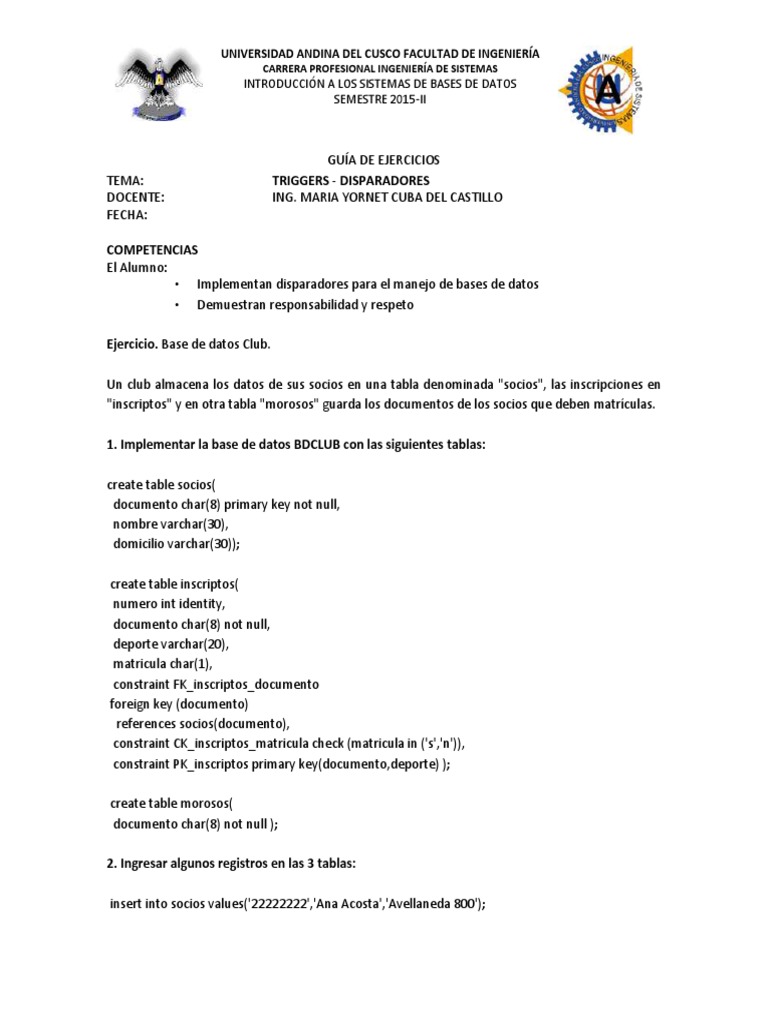 Guía de Ejercicios Triggers | PDF | SQL | Modelo de datos