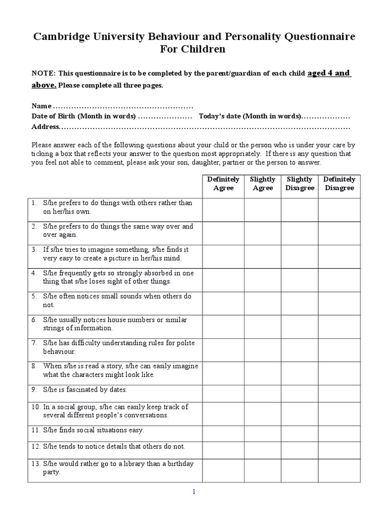 Cambridge Child Personality Questionnaire | PDF | Social Science ...