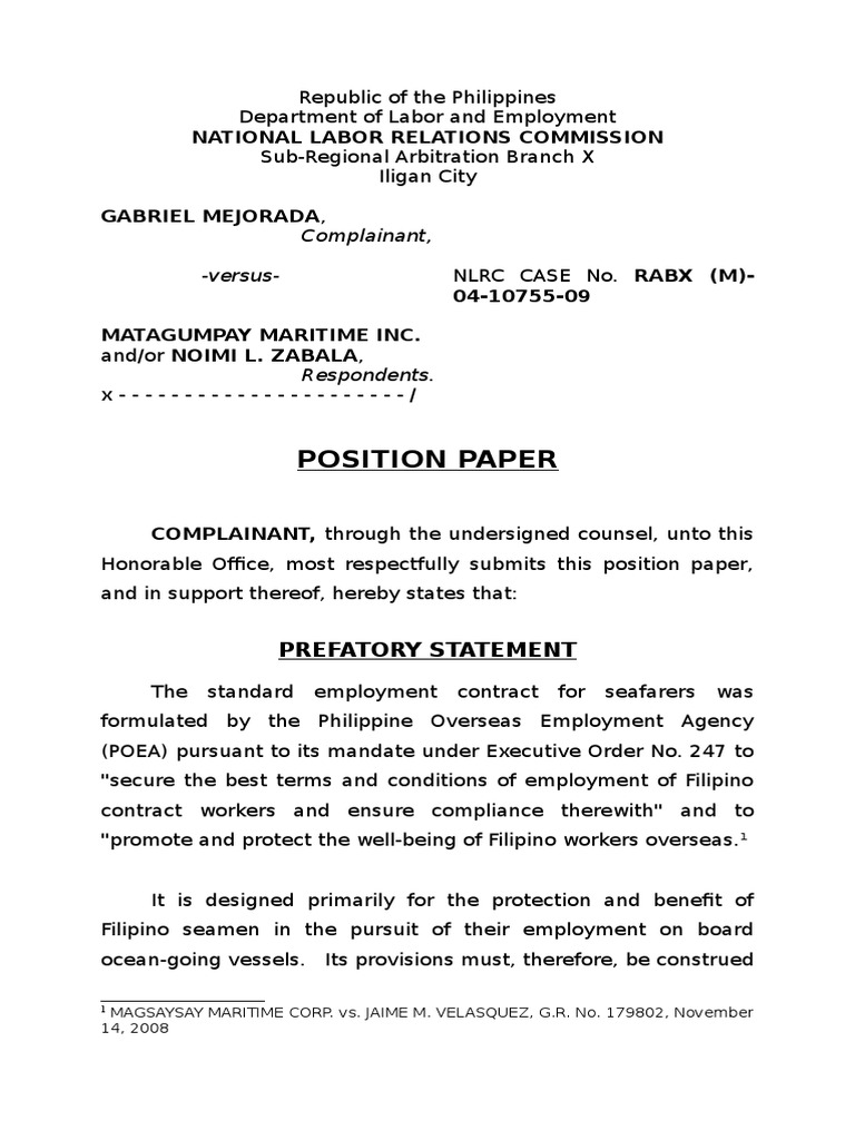 Position-Paper Labor case.doc | Affidavit | Sailor