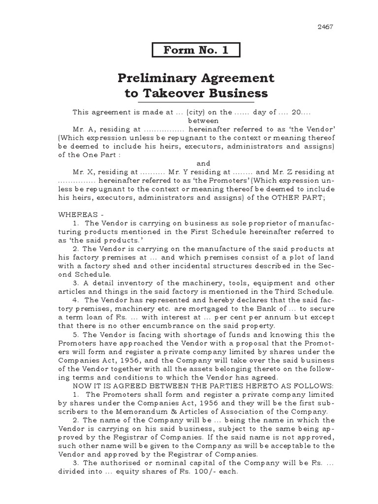 Preliminary Agreement To Takeover Business: Form No. 1 | PDF | Board Of ...
