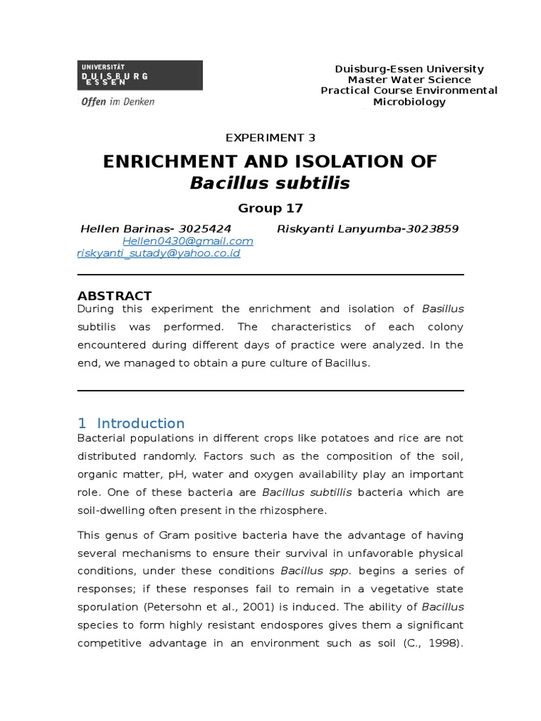 Enrichment And Isolation Of Bacillus Subtilis Pdf Bacillus Bacteria