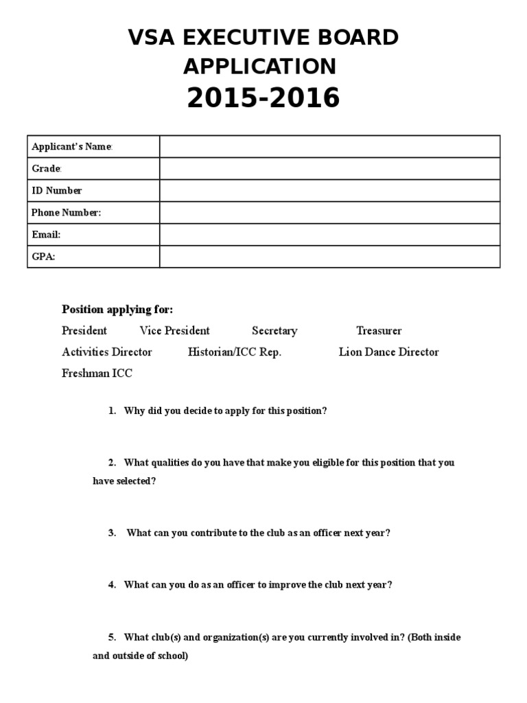 Vsa Executive Board Application: Position Applying For | PDF