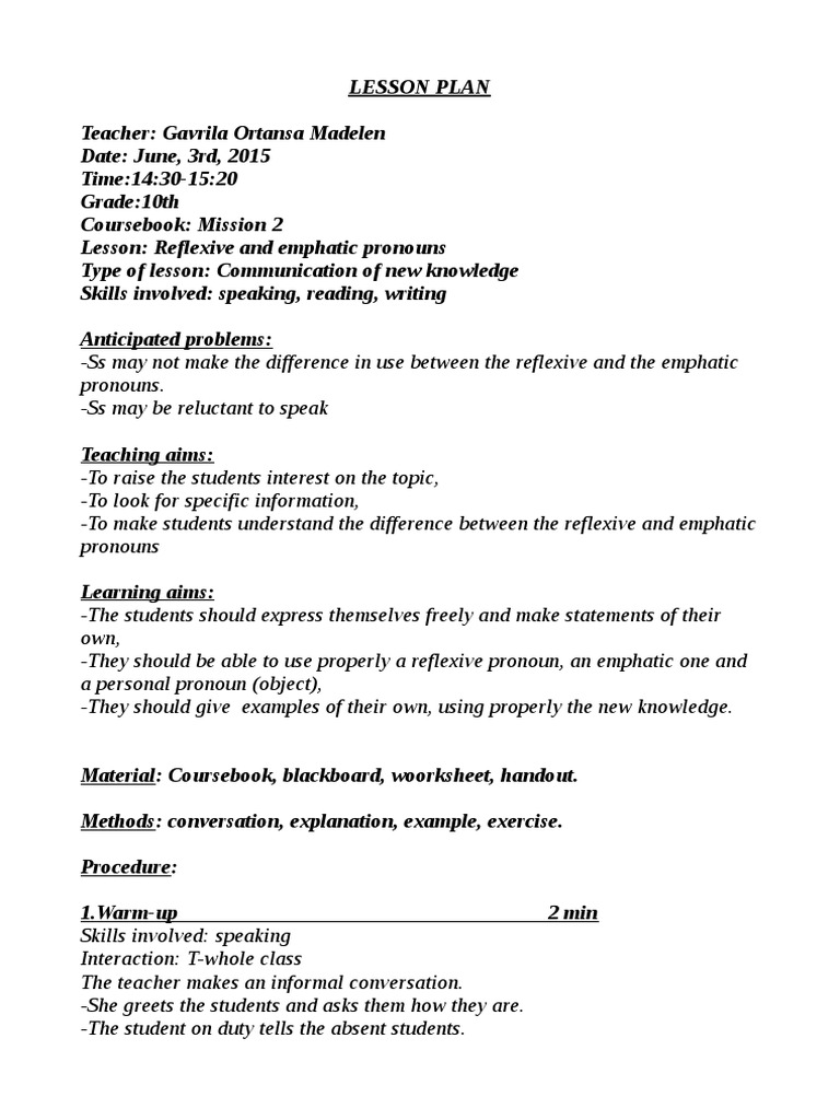 Lesson Plan 10th Grade PDF Pronoun Lesson Plan