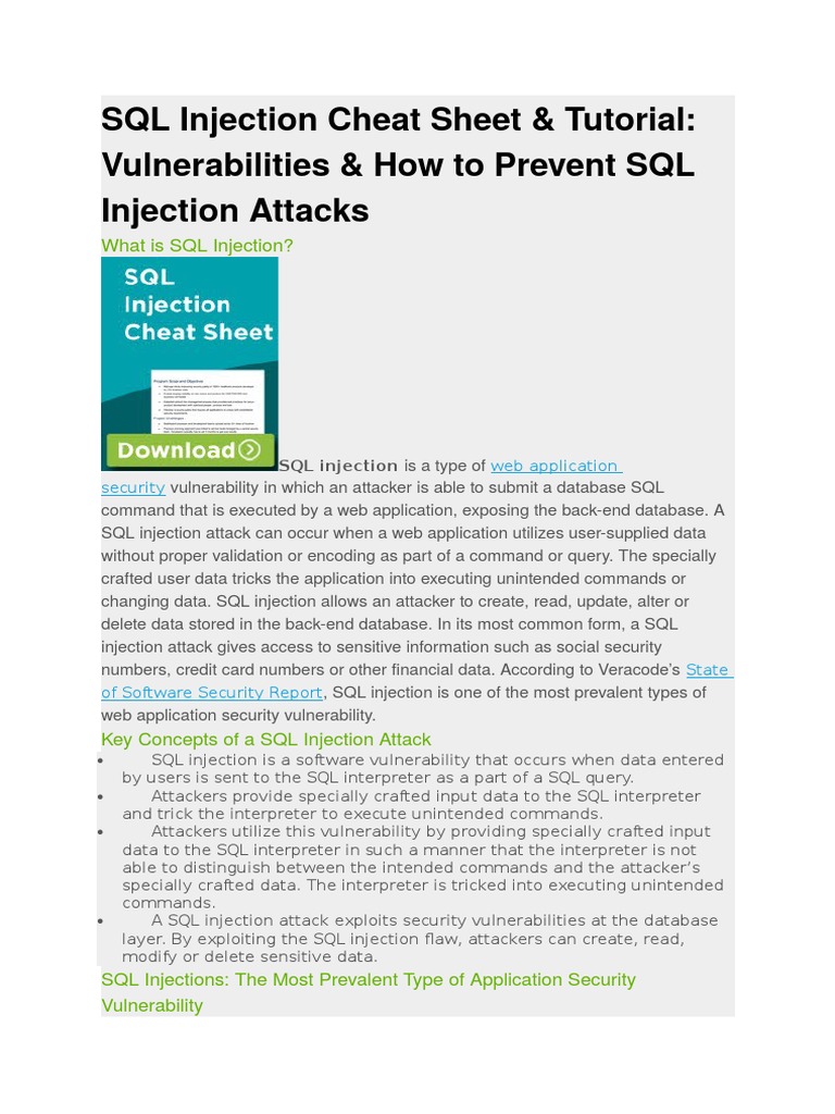 SQL Injection Cheat Sheet | Download Free PDF | Sql | Databases
