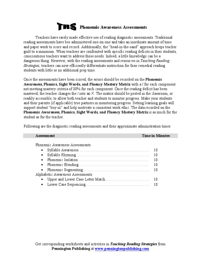 Phonemic Awareness Assessments | PDF | Phonics | Educational Assessment