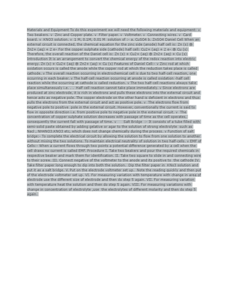 Daniel Cell Experiment Materials and Procedure | PDF | Redox | Anode