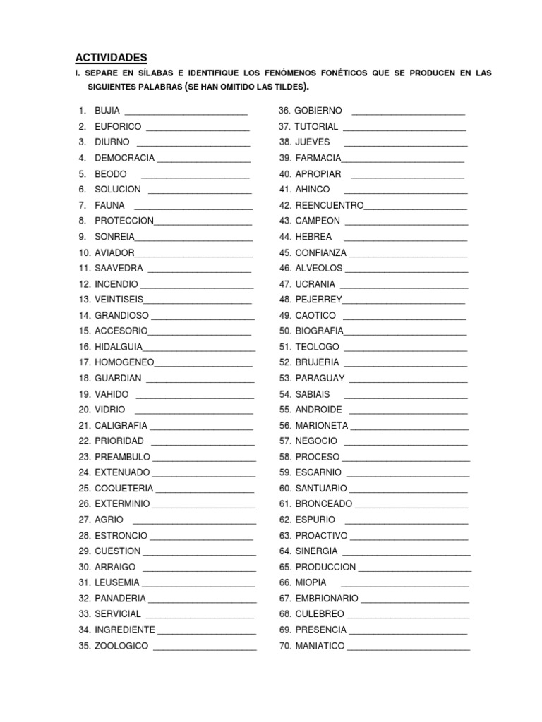 Ejercicios de Silabeo | PDF